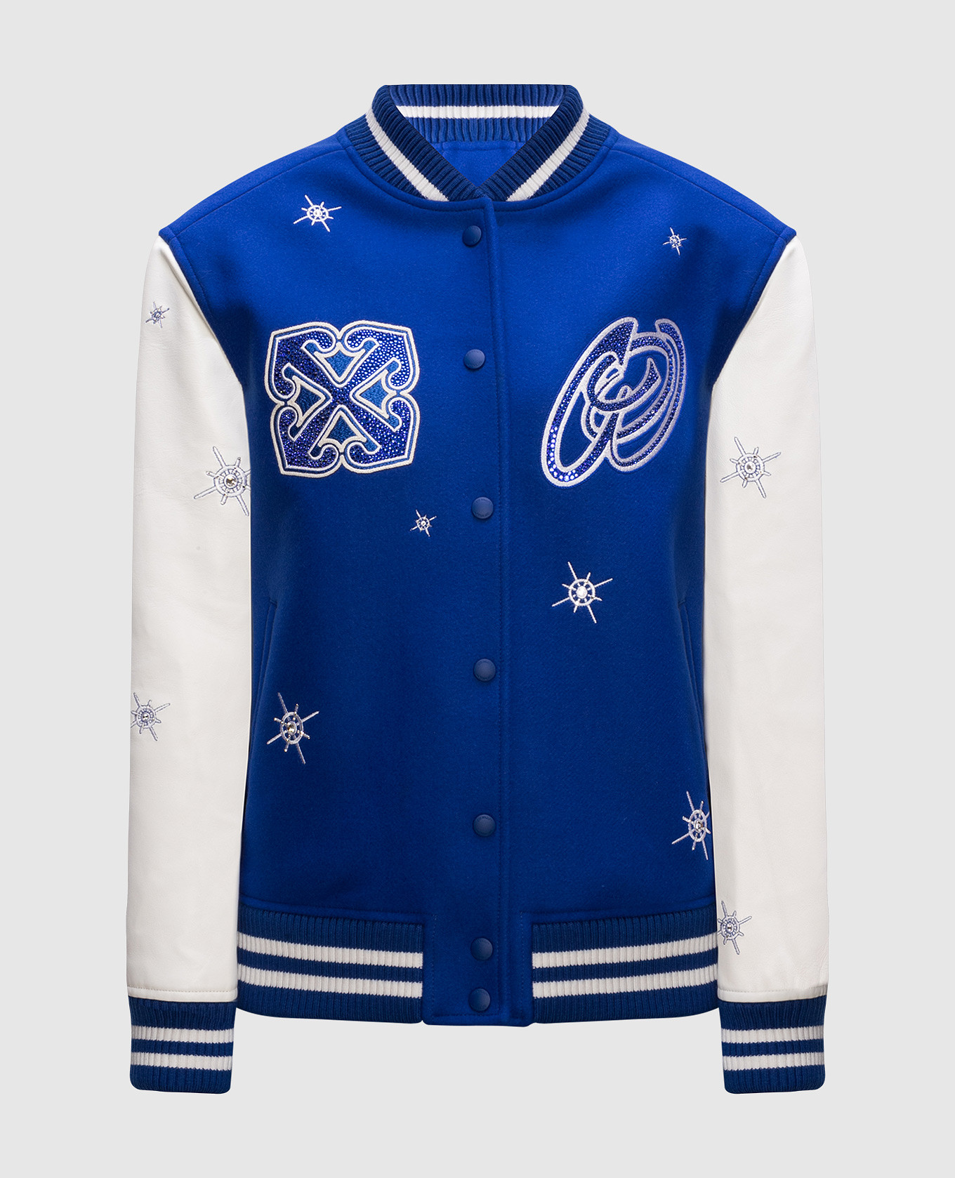 Off-White - Blue Bling Stars Varsity Bomber Jacket With Patches And ...