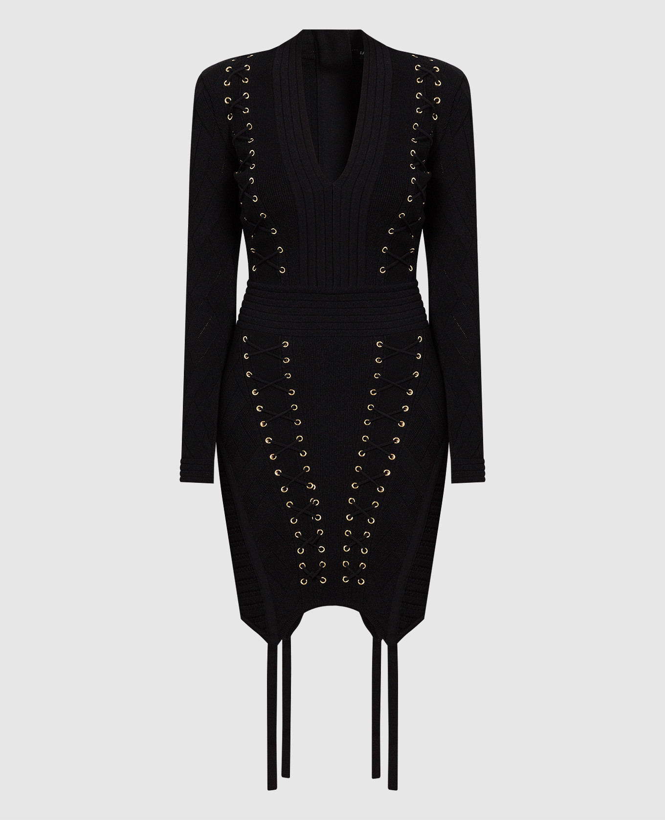 Balmain - Black mini dress in a texture pattern with lacing ...